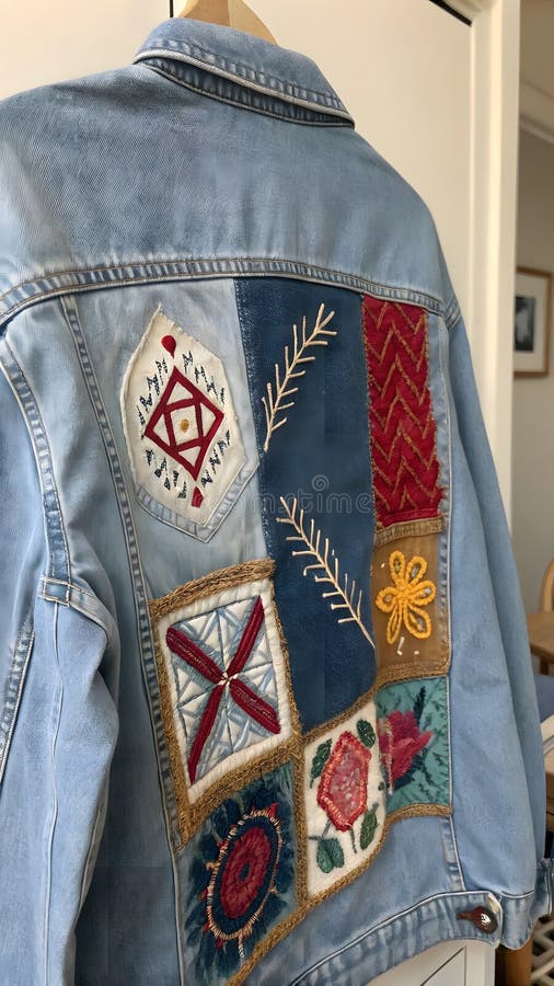 Generated by Ai Denim Jacket Back with Decorative Patchwork Quilting and Embroidery Design Stock ...