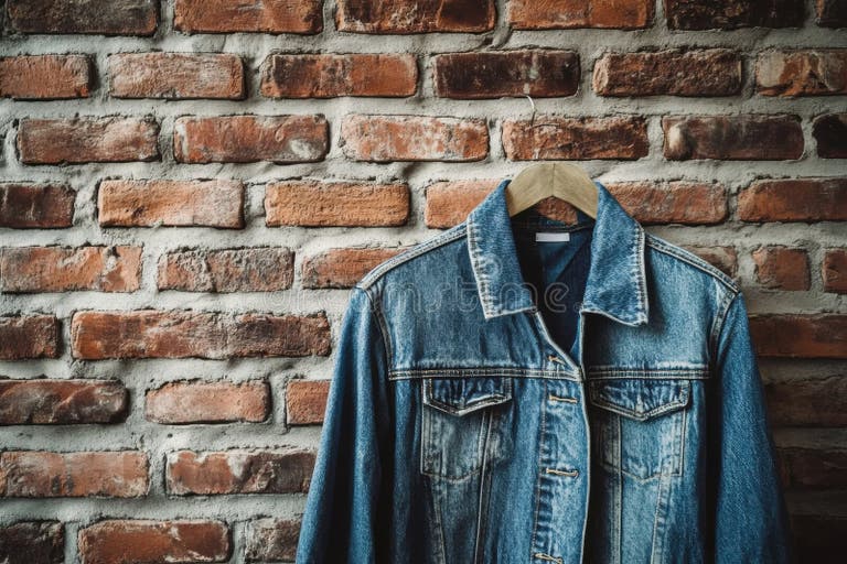 Denim Jacket Hanging on Rustic Brick Wall with Blank Area for Creative ...