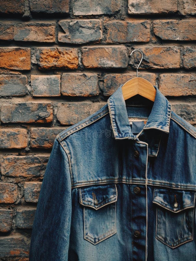 Denim Jacket Hanging on Rustic Brick Wall with Blank Space for Text and ...