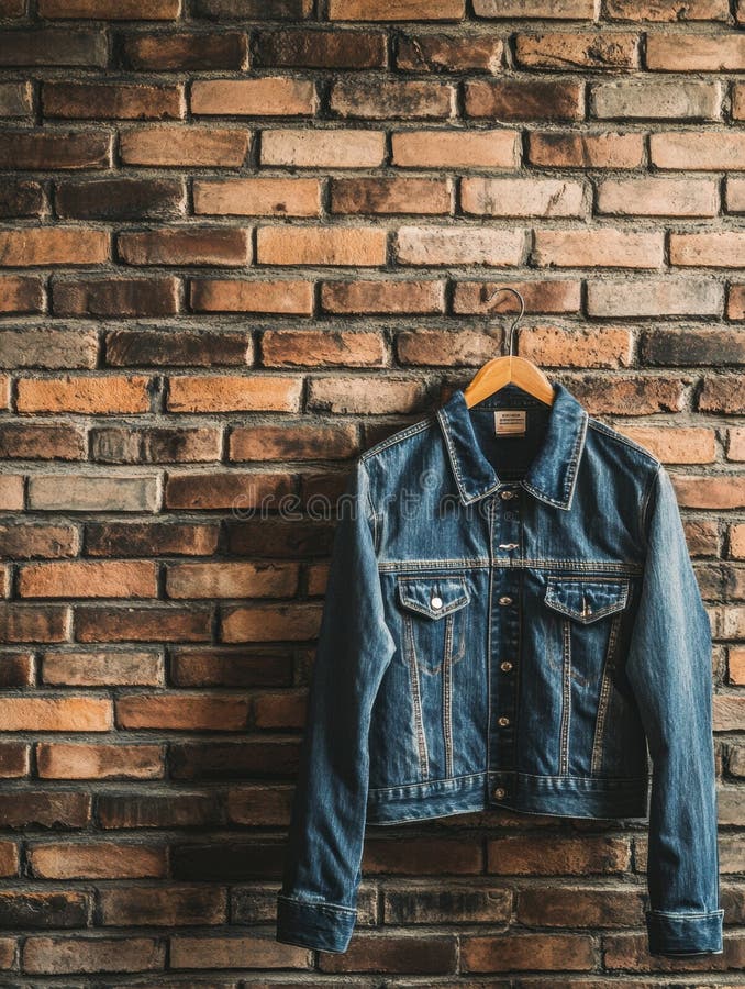 Denim Jacket Hanging on Rustic Brick Wall with Space for Text and ...