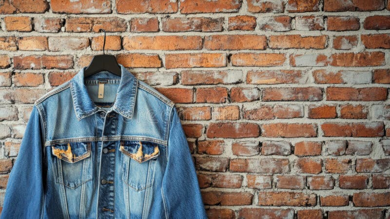 Denim Jacket Displayed on Rustic Brick Wall with Space for Custom Text ...