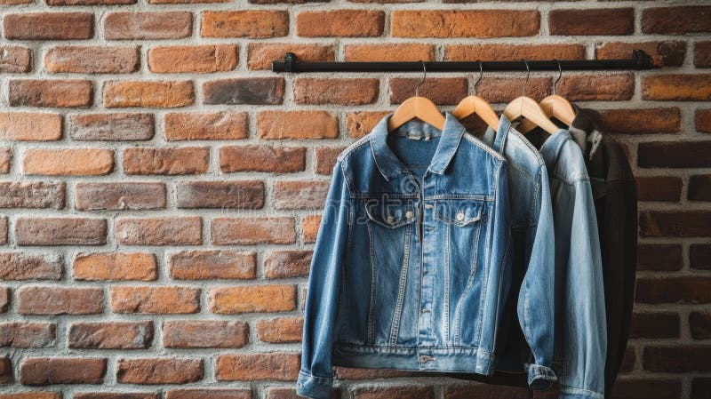 Denim Jackets Hanging on a Rustic Brick Wall with Empty Space for Text ...