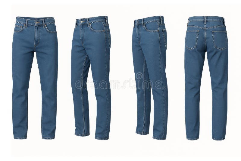 Denim Jeans Displayed in Multiple Views Front Back and Side on a White ...