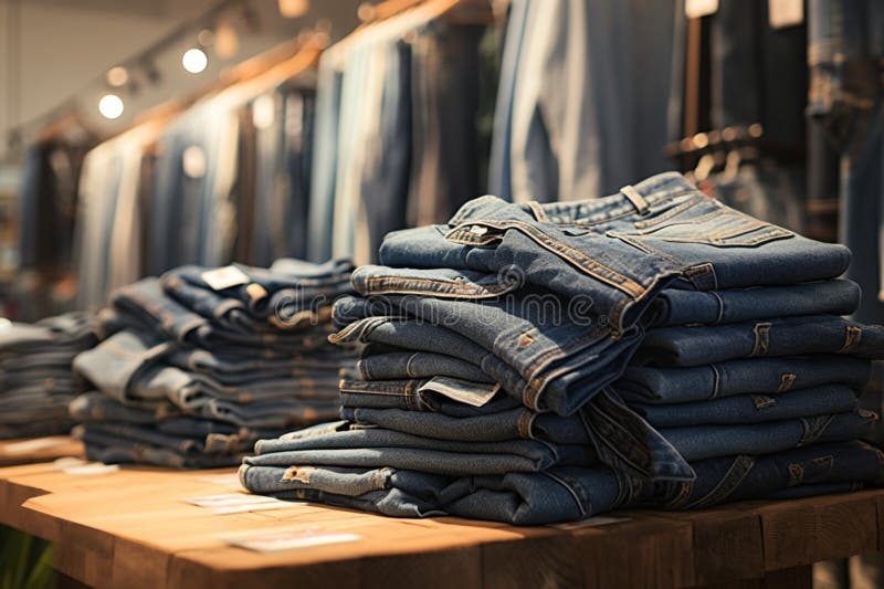 Denim Jeans Stack Showcased on Wooden Table in Store Setting Stock ...