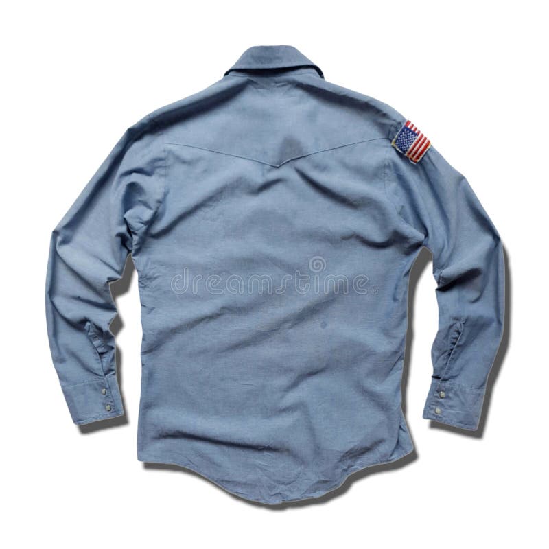 Denim Shirt Back with American Flag on Sleeve on White Background ...