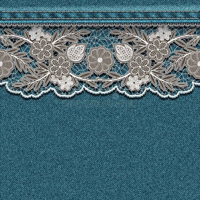Denim Texture with Sewn White Lace Ribbon. Stock Vector - Illustration ...