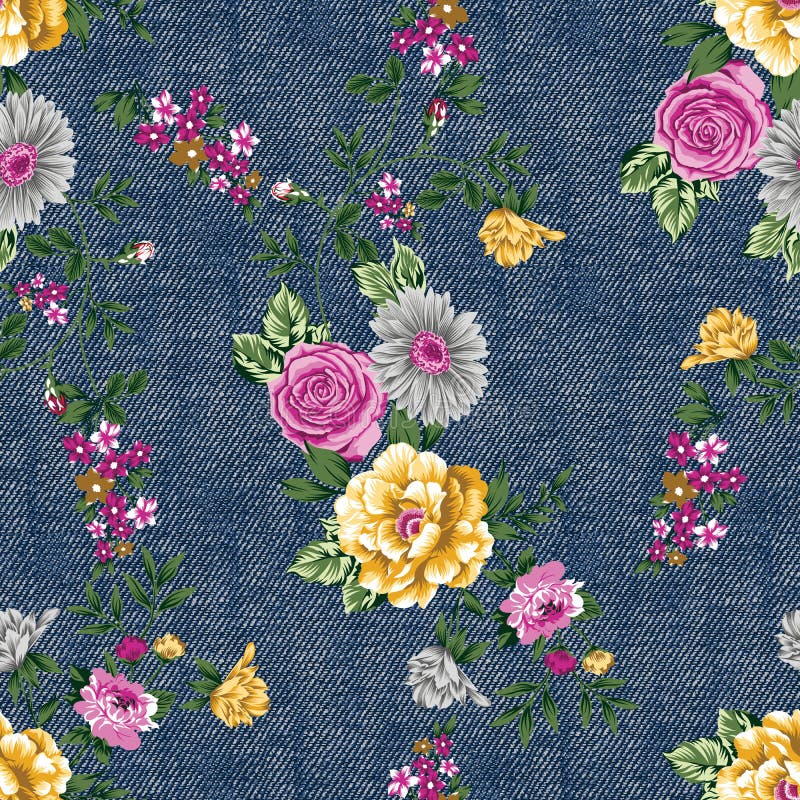 Seamless Flower Pattern on Denim Textures Background Stock Vector ...