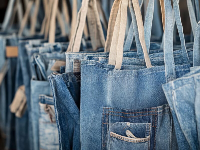 Denim Tote Bags Hanging in a Row Stock Illustration - Illustration of ...