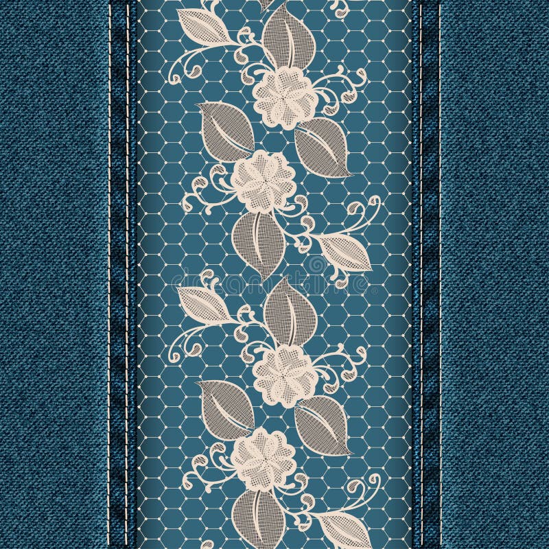 Denim and Lace. Background with Lace Ribbons Sewn Vertically Stock ...