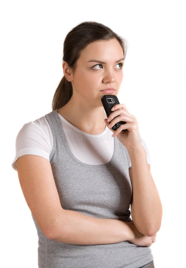 Denkend Meisje Met Een Mobiele Telefoon Stock Foto - Image of vrij ...