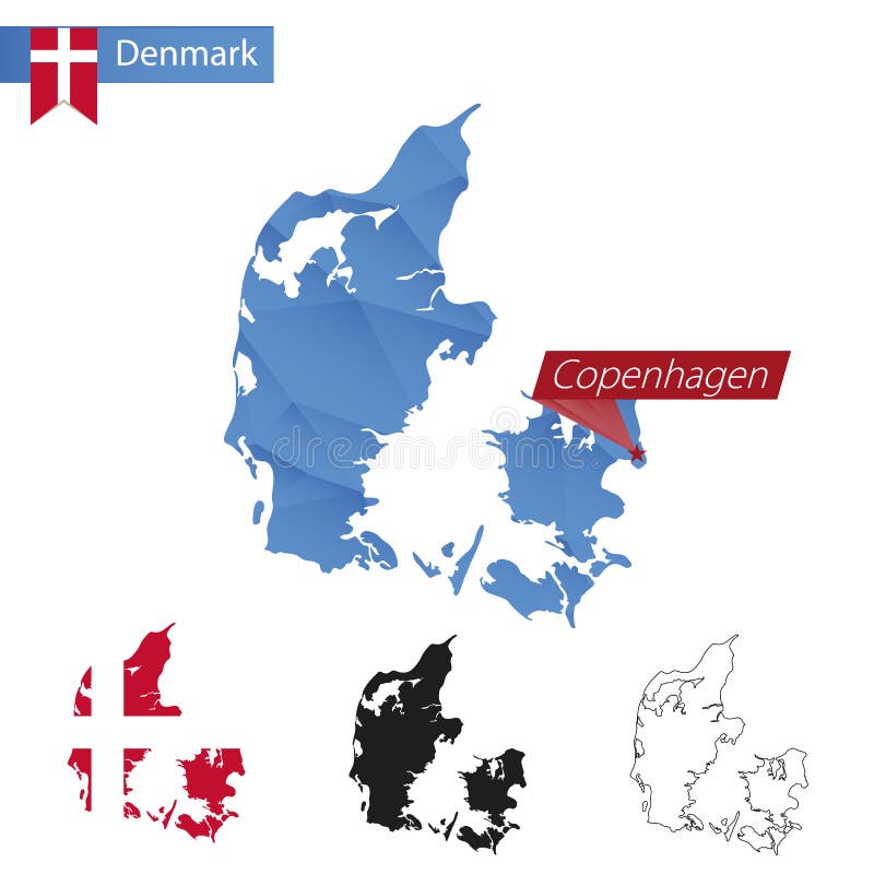 Denmark Blue Low Poly Map with Capital Copenhagen Stock Vector ...