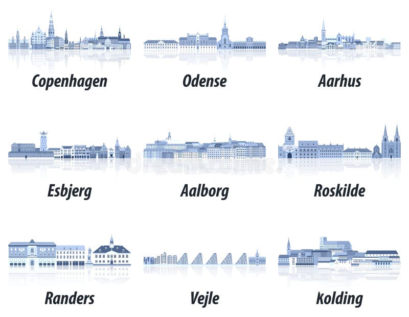 Denmark Main Cities Cityscapes in Tints of Blue Color Palette. Crystal ...