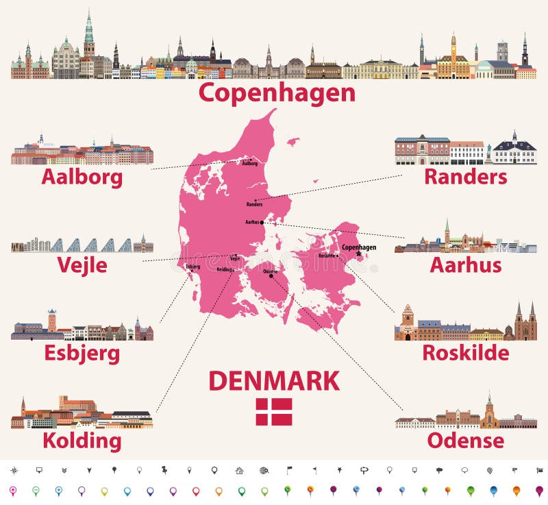 Denmark Map with Main Cities Skylines Stock Vector - Illustration of ...
