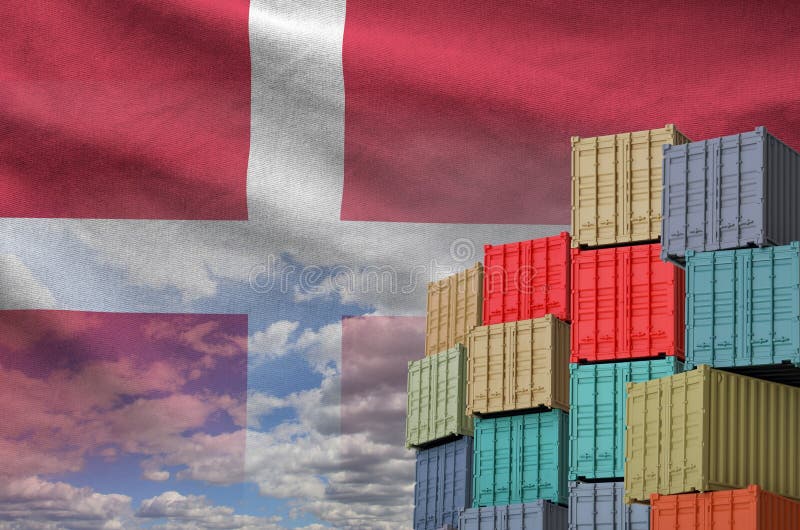 Denmark Flag and Big Stack of Shipping Cargo Containers in Docks with ...
