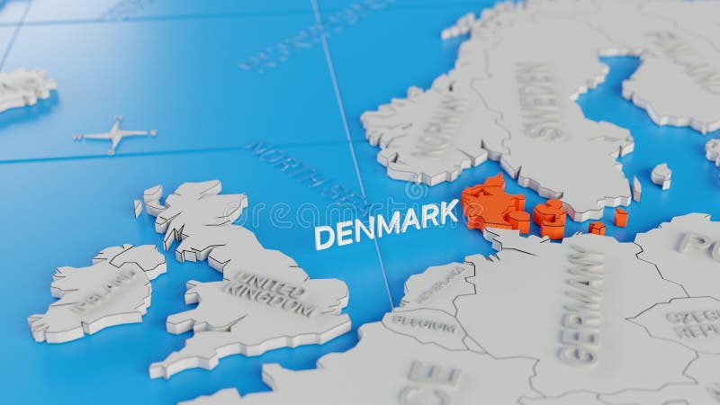 Denmark Highlighted on a White Simplified 3D World Map. Digital 3D ...