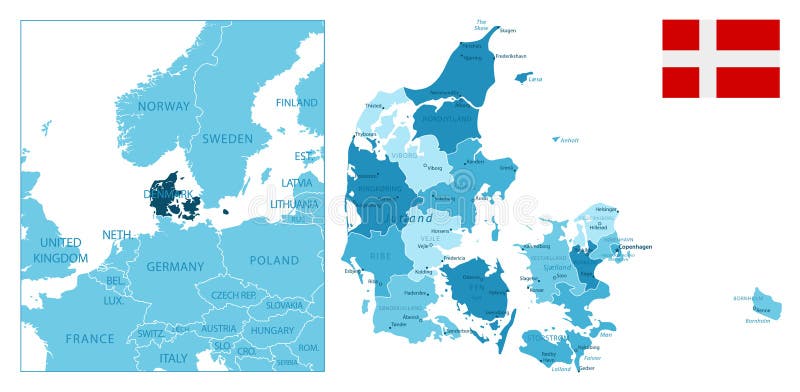 Vector Map Pf Denmark Provinces Colored by Regions with Main Cities on ...