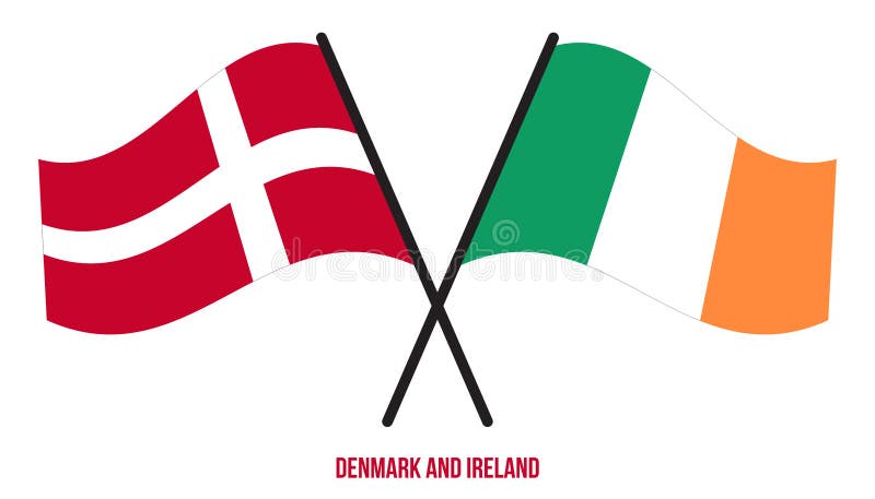 Denmark and Ireland Flags Crossed and Waving Flat Style. Official ...