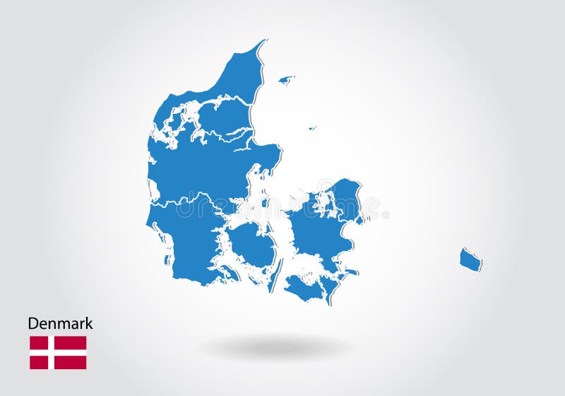 Denmark Map Design with 3D Style. Blue Denmark Map and National Flag ...