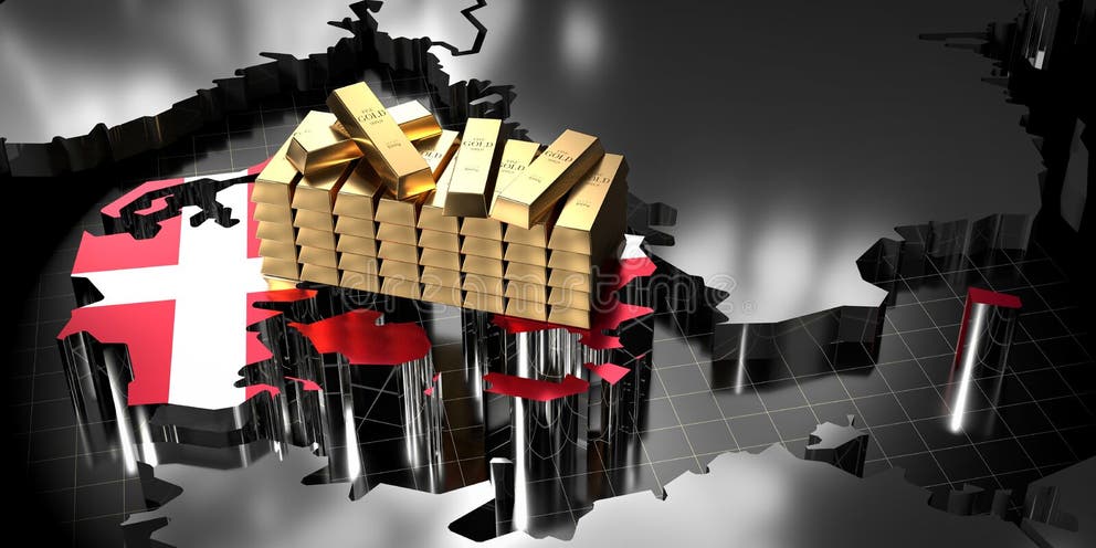 Denmark Map and Flag, Gold Ingots - 3D Illustration Stock Illustration ...
