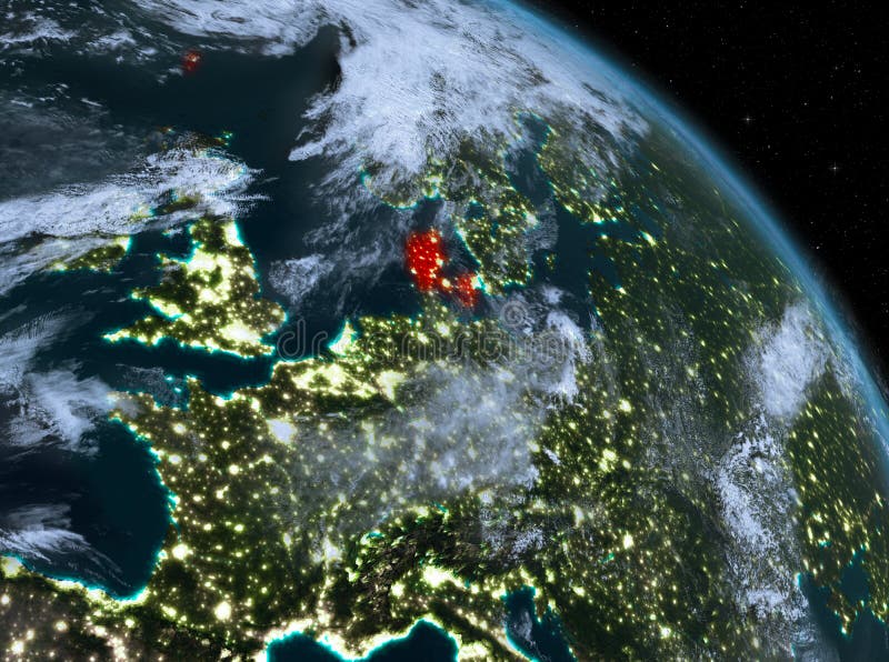 Denmark at Night from Orbit Stock Illustration - Illustration of view ...