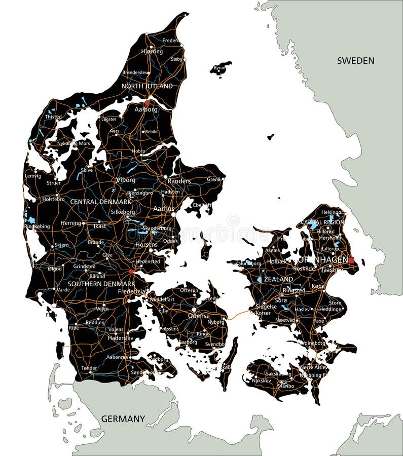 Denmark Road and Highway Map. Stock Vector - Illustration of outline ...