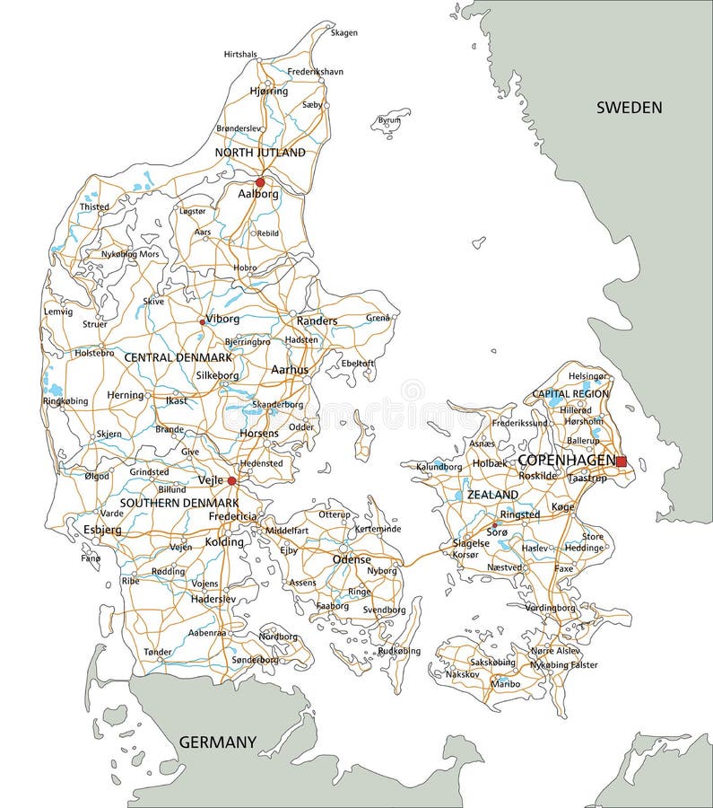 High Detailed Denmark Road Map with Labeling. Stock Vector ...