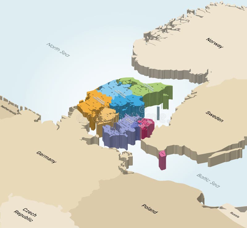 Denmark Provinces Isometric Map Colored by Regions with Largest Cities ...