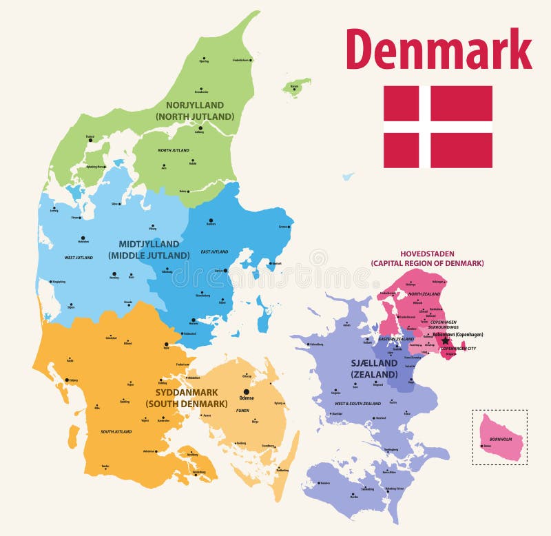 Vector Map Pf Denmark Provinces Colored by Regions with Main Cities on ...
