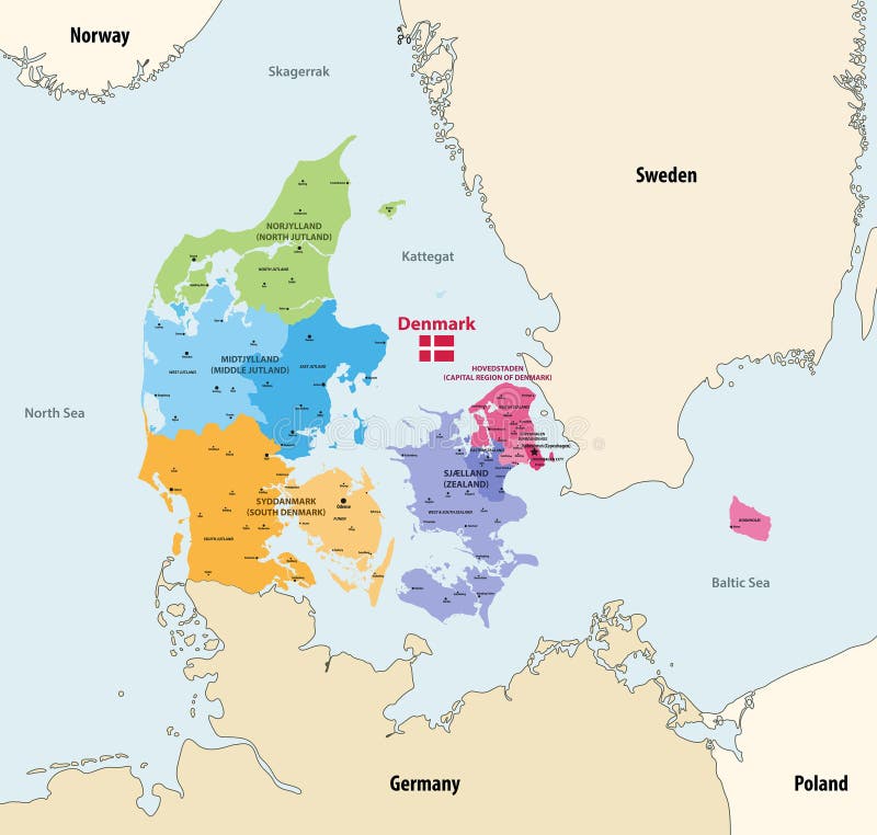 Denmark Regions Vector Map with Main Cities and with Neighbouring ...