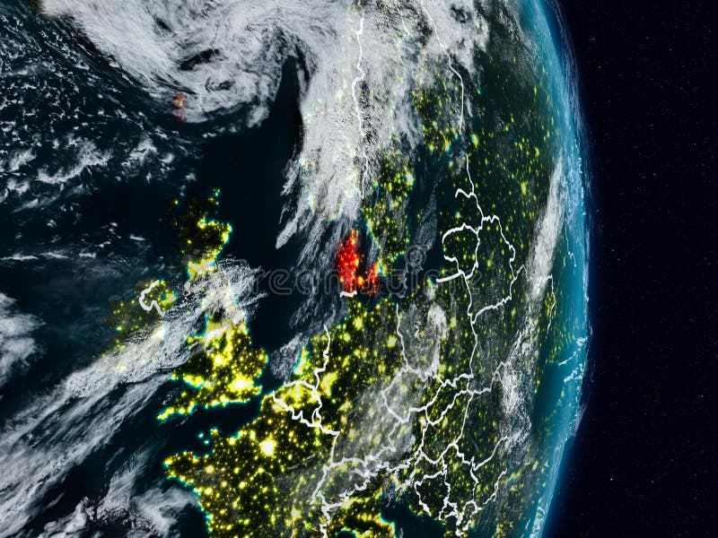 Denmark from Space at Night Stock Image - Image of render, country ...