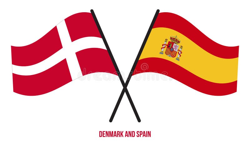 Denmark and Spain Flags Crossed and Waving Flat Style. Official ...