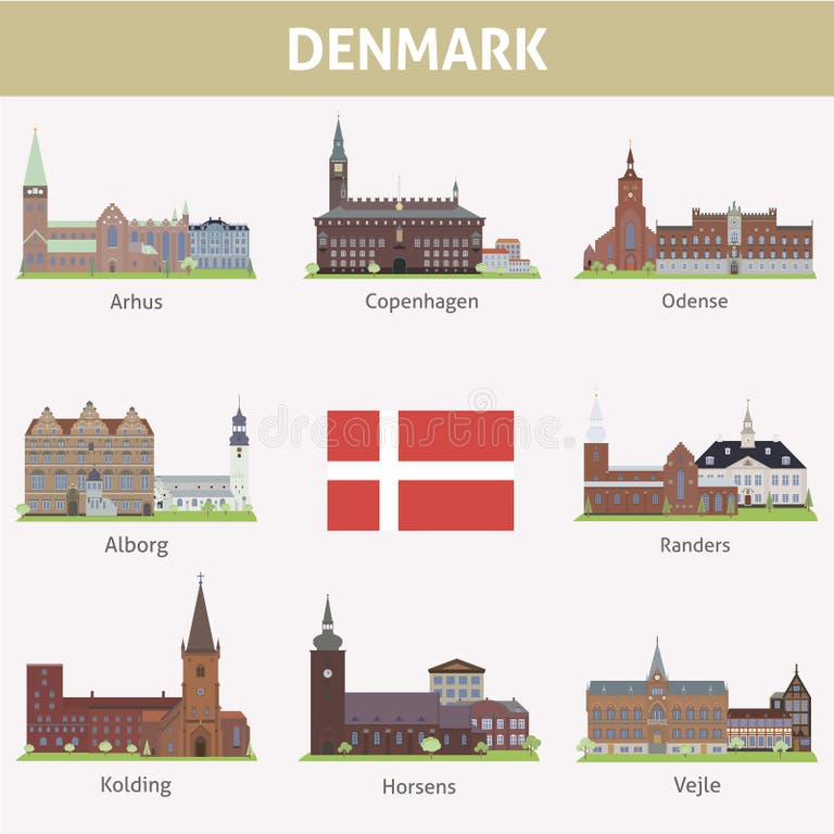 Denmark. Symbols of cities stock vector. Illustration of architecture ...