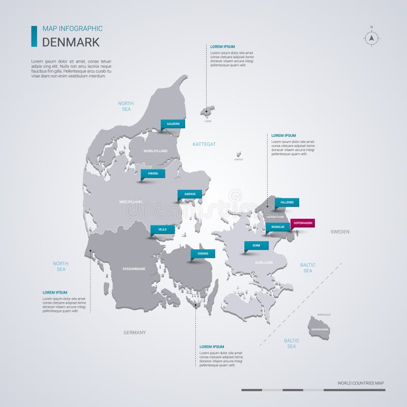 Denmark Vector Map with Infographic Elements, Pointer Marks Stock ...