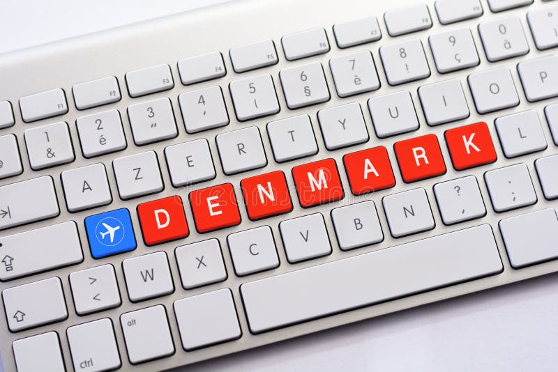 DENMARK Writing on White Keyboard with a Aircraft Sketch Stock Image ...