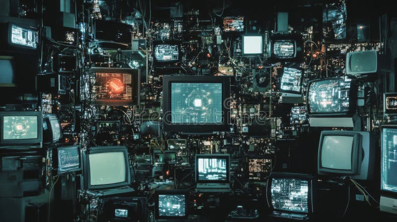 Dense Array of Glowing Television Screens: a Futuristic Digital Collage ...