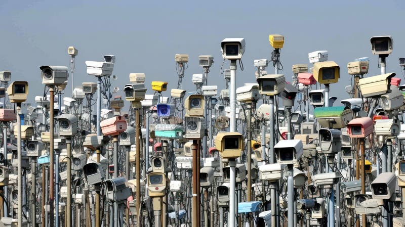 Dense Array of Surveillance Cameras Against a Clear Sky, Stock ...