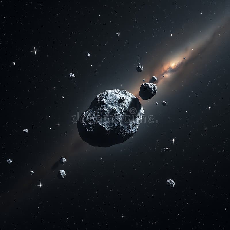 A Dense Asteroid Field Floating in a Starry Cosmic Background Stock ...