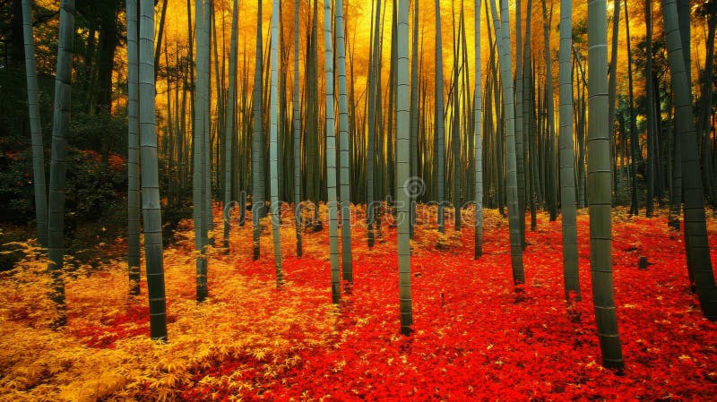 Dense Bamboo Forest with Red and Yellow Fall Foliage Stock Illustration ...