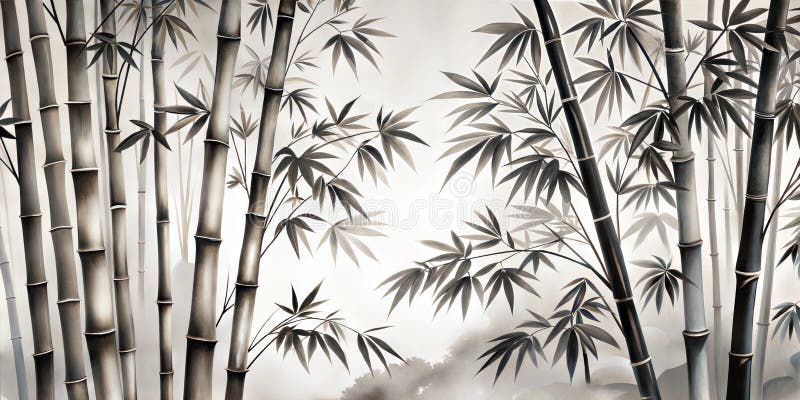 A Dense Black and White Bamboo Forest with Overlapping Stems and Lush ...