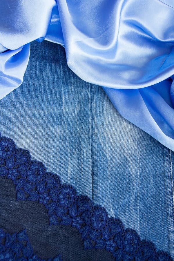 Dense Blue Denim Fabric, Smooth Sky-blue Silk and a Delicate Lac Stock ...