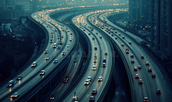 Dense Car Traffic Navigates a Complex Highway Interchange at Night ...