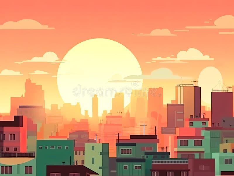 Densed City Skyline Building with Sunset for Cartoon and Game ...
