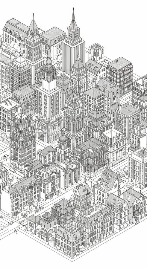 Dense City Skyline Monochrome Illustration Stock Illustration ...