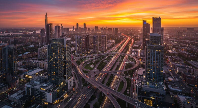 Dense Cityscape at Sunset Shows a Modern Metropolis with Skyscrapers ...