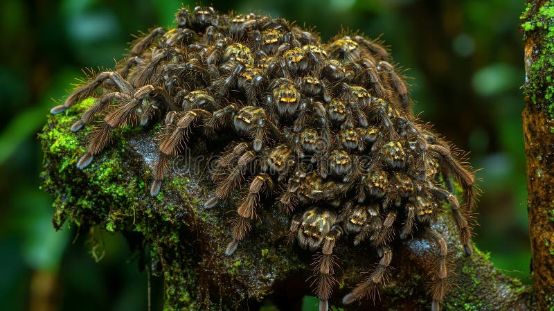 A Dense Cluster of Baby Tarantulas on a Mossy Branch in a Humid Forest ...