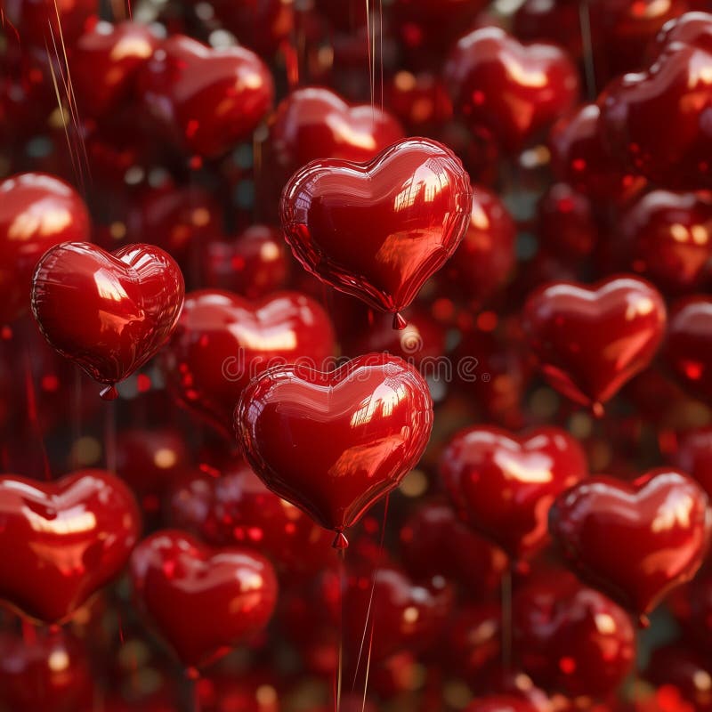 A Dense Cluster of Red Heart-shaped Balloons Floating Closely Together ...