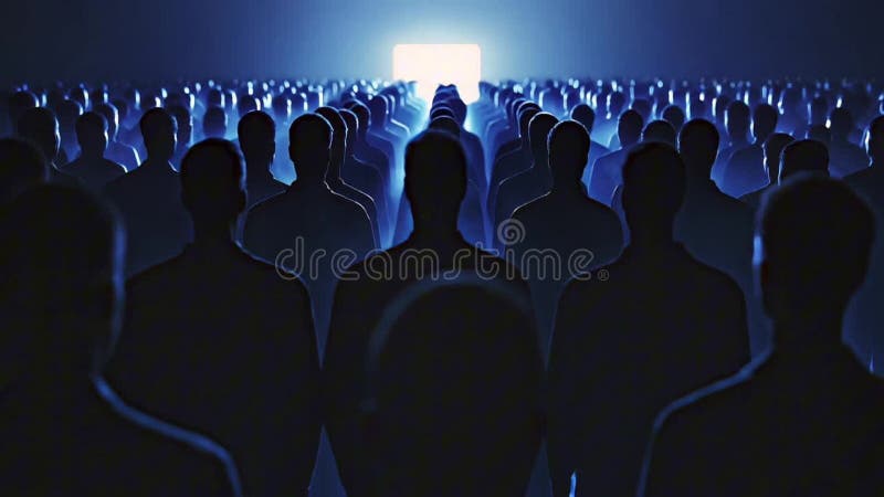 Dense Crowd of Silhouetted People Slowly Converges Toward Exit with ...