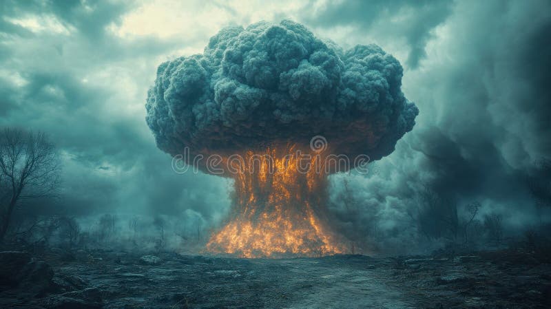 Dense, Dark Mushroom Cloud with Fiery Core Billowing into the Sky ...