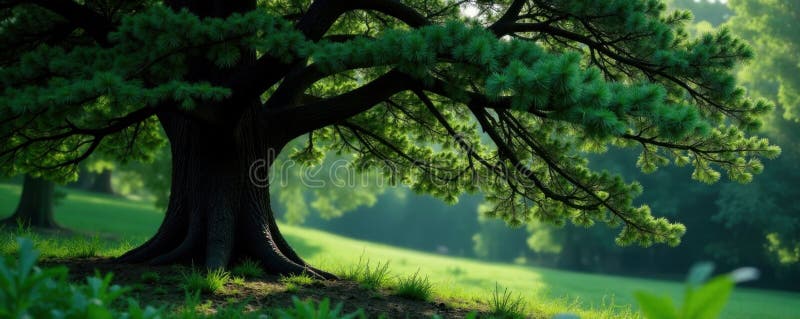 Dense Evergreen Tree with Multiple Trunks and Branches, Wooden Tree ...