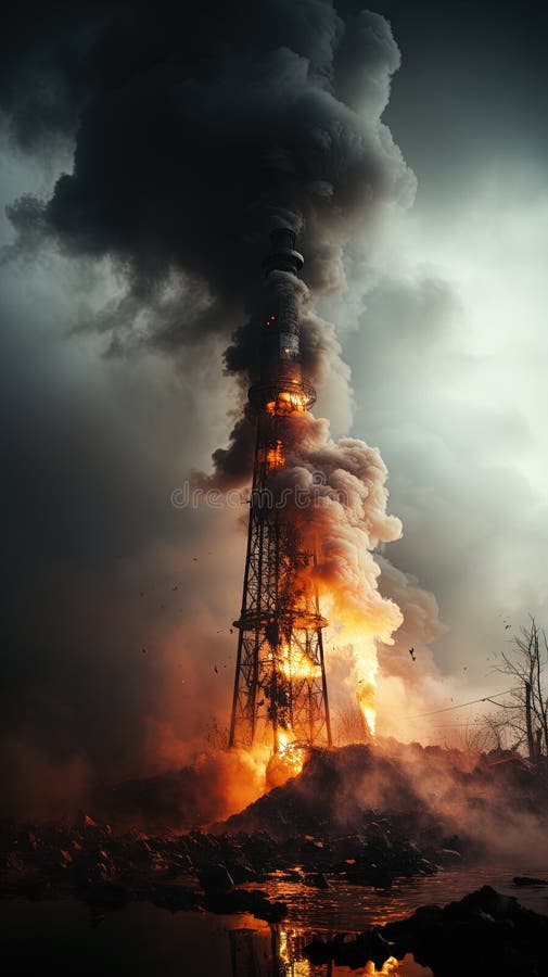 Dense Flame Explode on Tower with Dark Grey Liquid Smoke Abstract ...